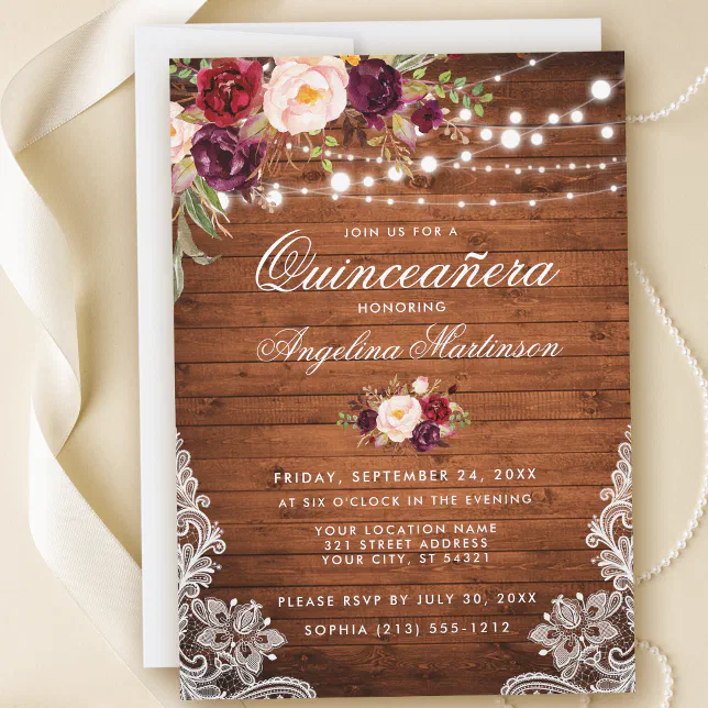 Rustic Quinceanera Wood Lights Lace Floral Invitation | Zazzle