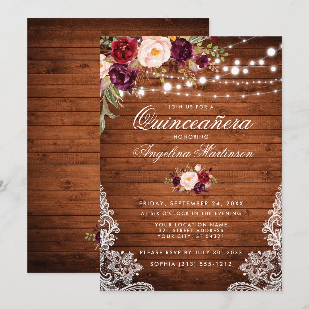 Rustic Quinceanera Wood Lights Lace Floral Invitation | Zazzle