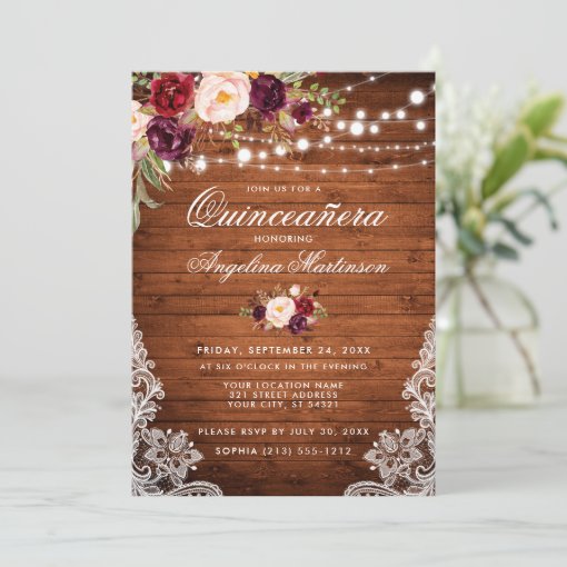 Rustic Quinceanera Wood Lights Lace Floral Invitation | Zazzle