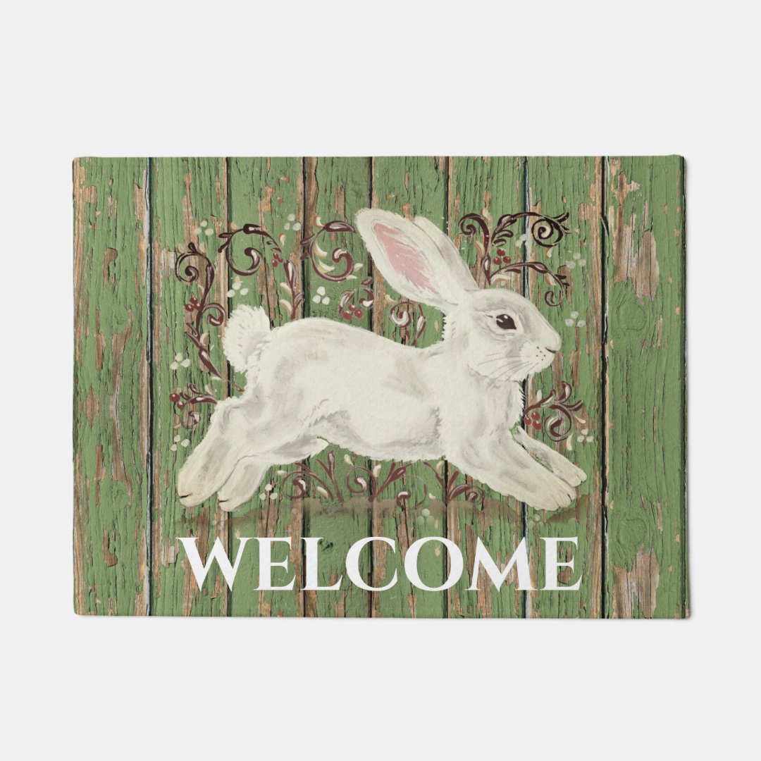 Rustic Rabbit Welcome Green Wood Any Season Doormat | Zazzle