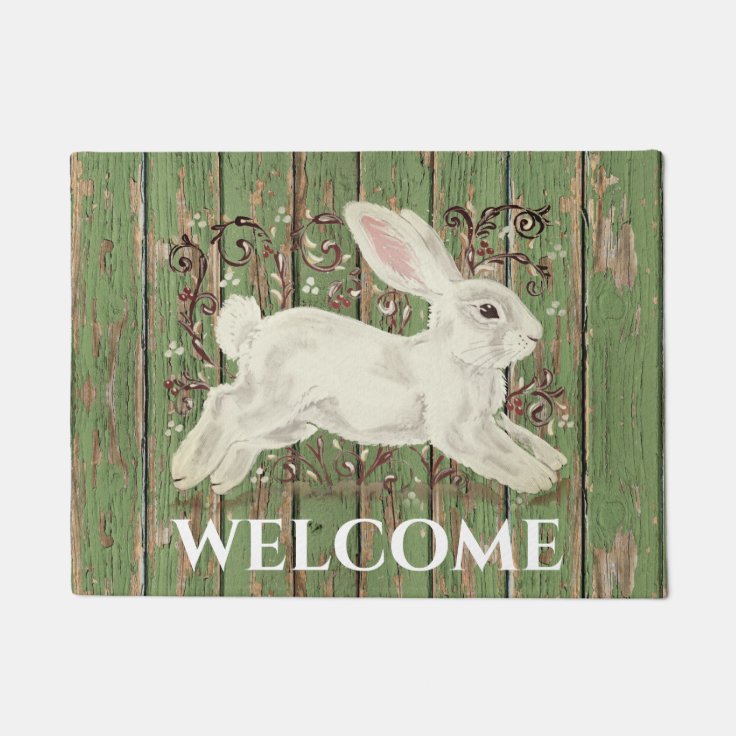 Rustic Rabbit Welcome Green Wood Any Season Doormat | Zazzle