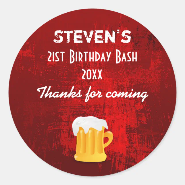 Rustic Red Abstract Birthday Bash with Beer Mug Classic Round Sticker ...