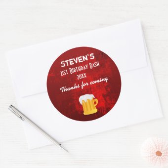 Rustic Red Abstract Birthday Bash with Beer Mug Classic Round Sticker ...