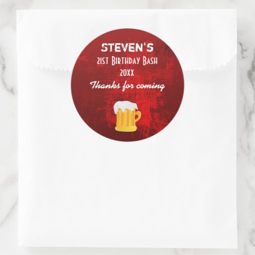Rustic Red Abstract Birthday Bash with Beer Mug Classic Round Sticker ...