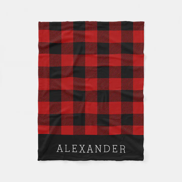 Rustic Red and Black Buffalo Check Monogram Fleece Blanket | Zazzle