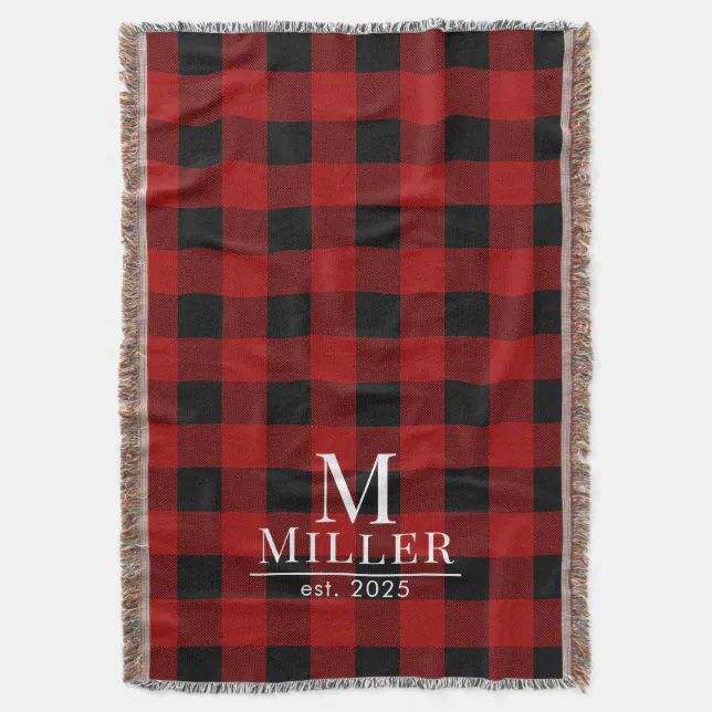 Rustic Red and Black Buffalo Check Monogram Woven Throw Blanket | Zazzle
