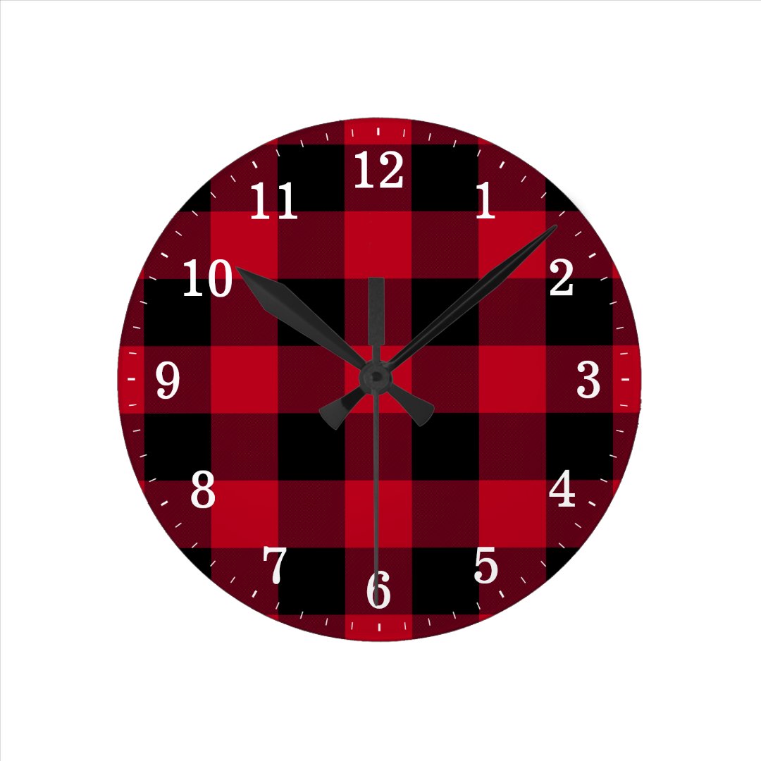 Rustic Red and Black Buffalo Plaid Round Clock | Zazzle