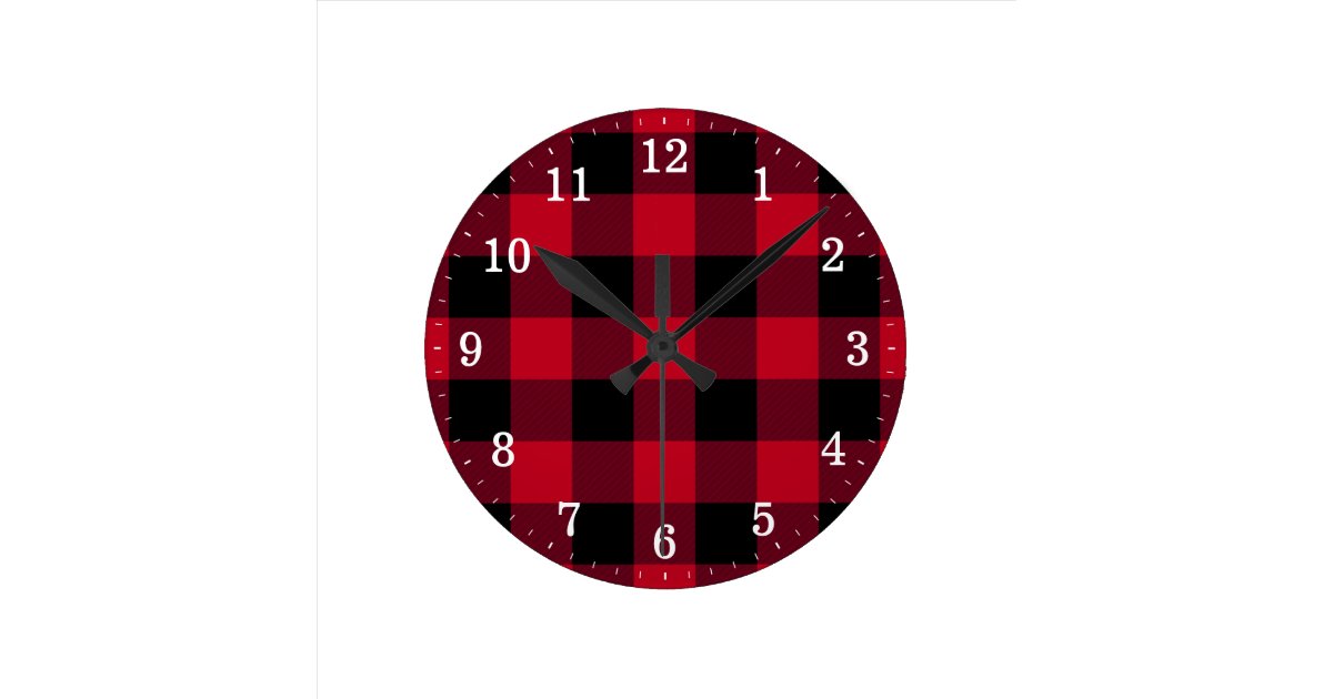 Rustic Red and Black Buffalo Plaid Round Clock | Zazzle