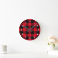 Rustic Red and Black Buffalo Plaid Round Clock | Zazzle