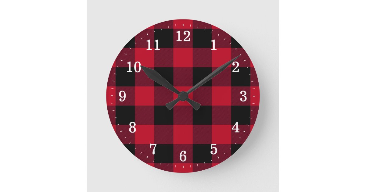 Rustic Red and Black Buffalo Plaid Round Clock | Zazzle