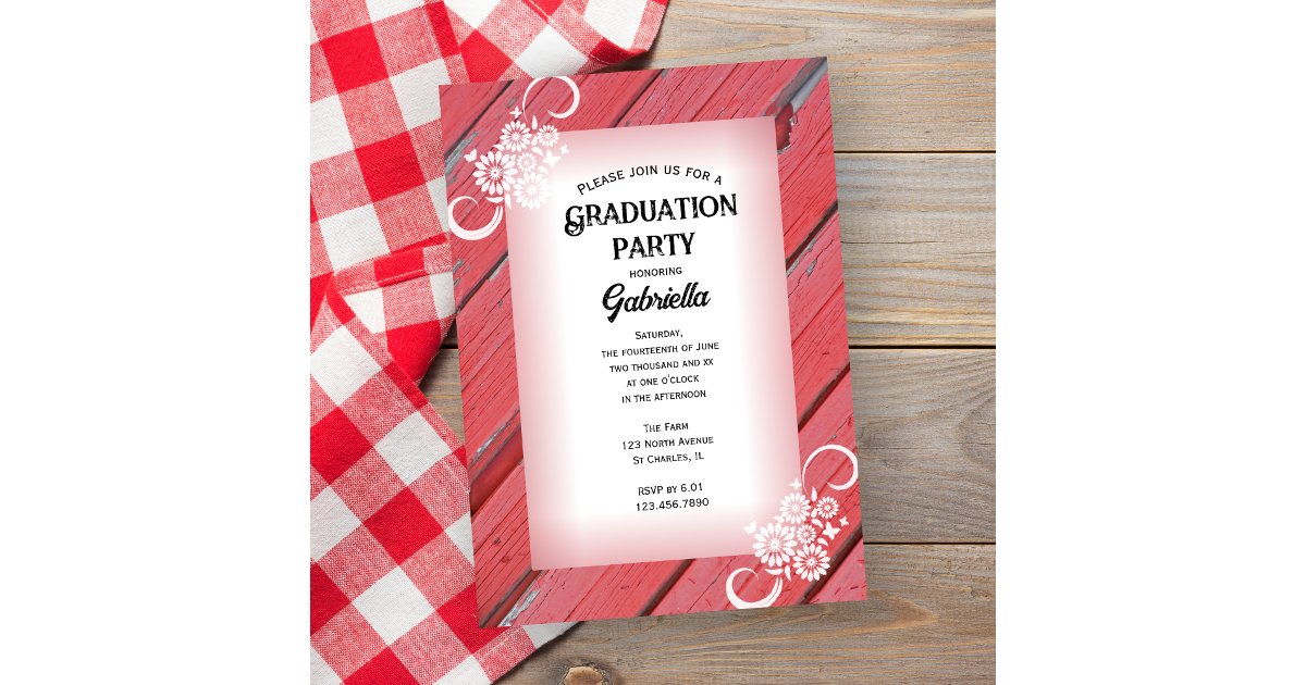 Rustic Red Barn Wood Floral Farm Graduation Party Invitation | Zazzle