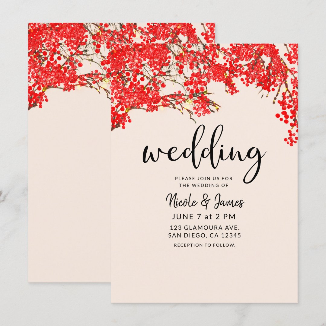 Rustic Red Berries Berry Tree Branches Wedding Invitation | Zazzle