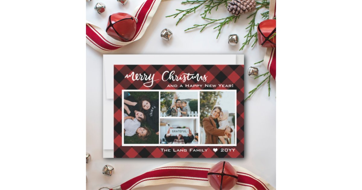 Rustic Red Black Buffalo Check Merry Christmas Holiday Card | Zazzle