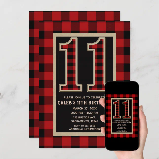 Rustic Red Black Buffalo Plaid 11th 11 Birthday Invitation | Zazzle