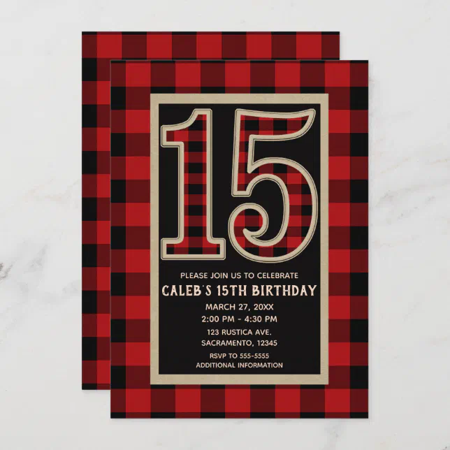 Rustic Red Black Buffalo Plaid 15th 15 Birthday Invitation | Zazzle