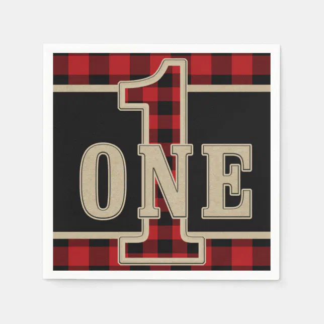Rustic Red Black Buffalo Plaid 1st Birthday Party Napkins | Zazzle