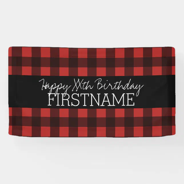 Rustic Red & Black Buffalo Plaid Birthday Party Banner | Zazzle