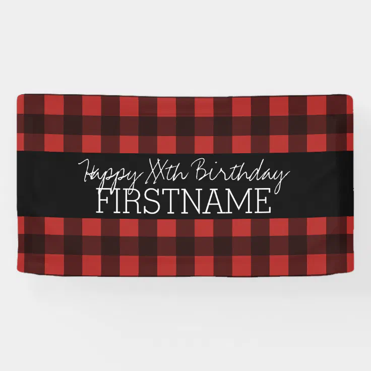 Rustic Red & Black Buffalo Plaid Birthday Party Banner | Zazzle