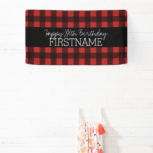 Rustic Red & Black Buffalo Plaid Birthday Party Banner | Zazzle