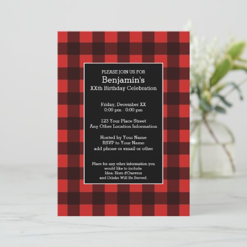 Rustic Red & Black Buffalo Plaid Birthday Party Invitation | Zazzle