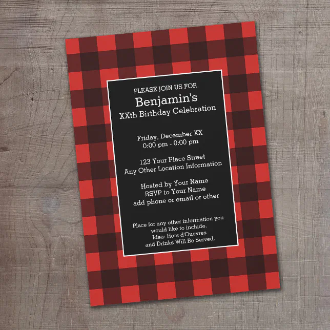 Rustic Red & Black Buffalo Plaid Birthday Party Invitation | Zazzle