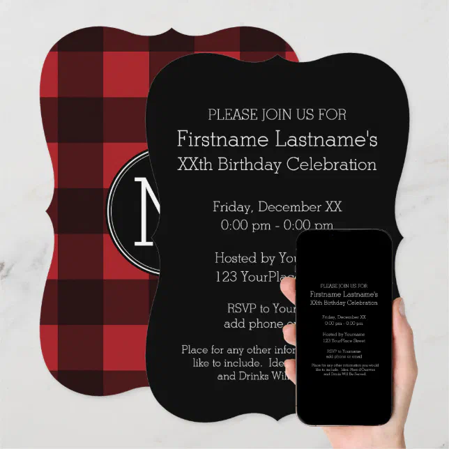 Rustic Red & Black Buffalo Plaid Birthday Party Invitation | Zazzle