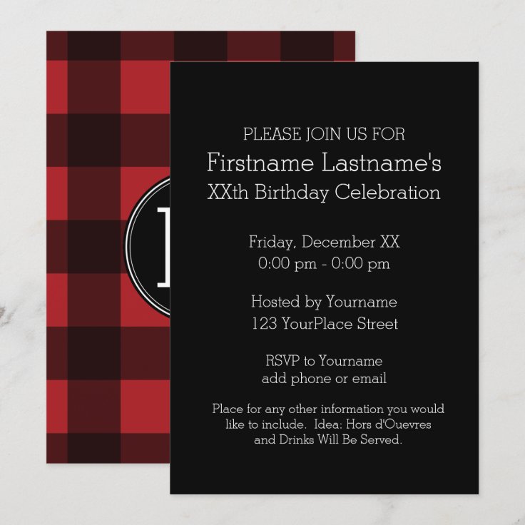 Rustic Red & Black Buffalo Plaid Birthday Party Invitation | Zazzle