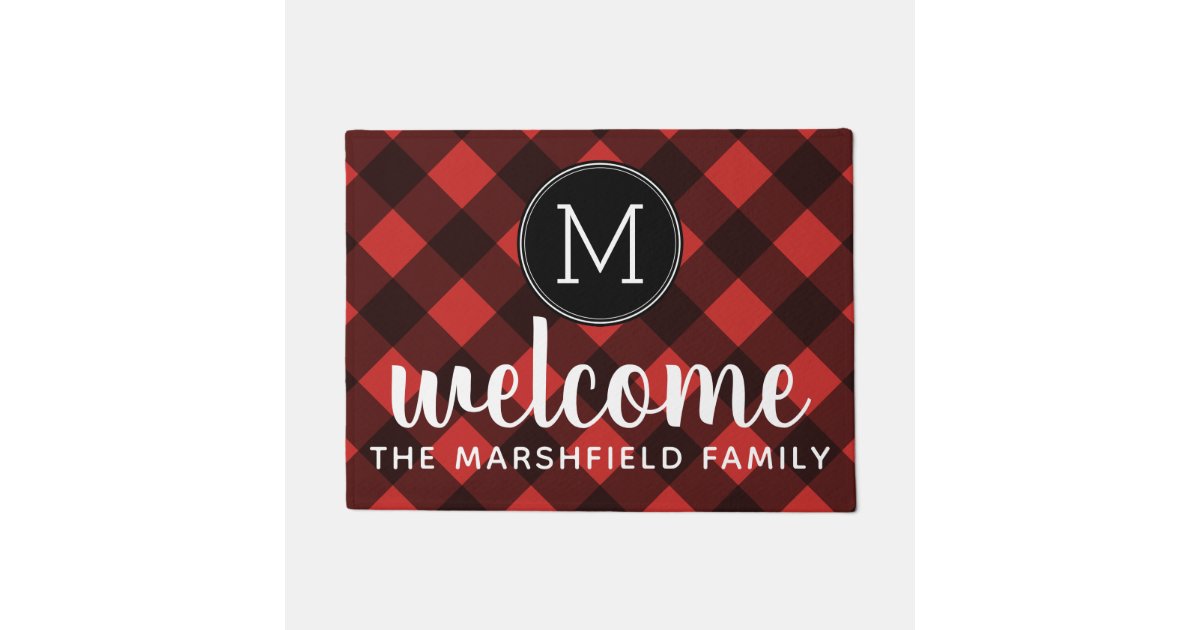 Rustic Red & Black Buffalo Plaid Family Welcome Doormat | Zazzle