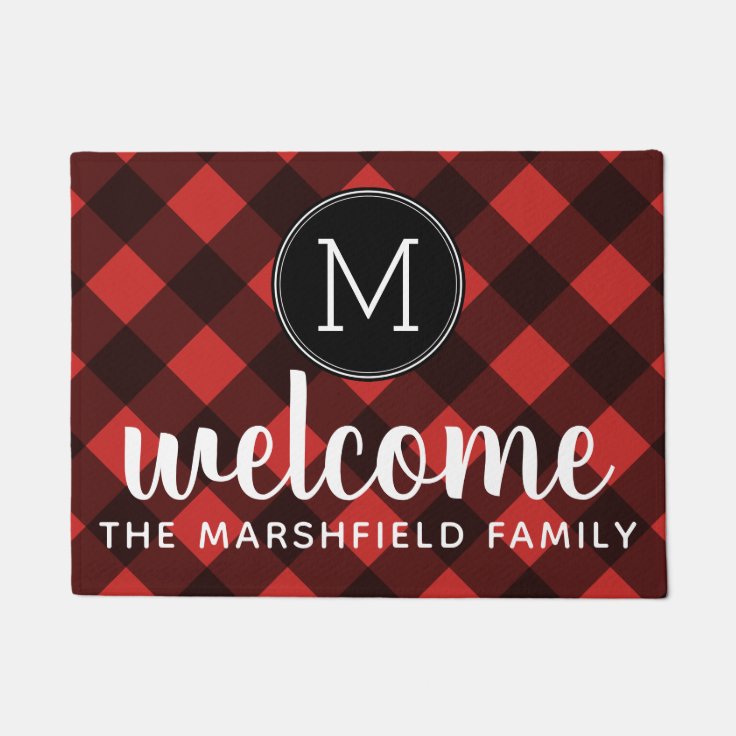 Rustic Red & Black Buffalo Plaid Family Welcome Doormat | Zazzle