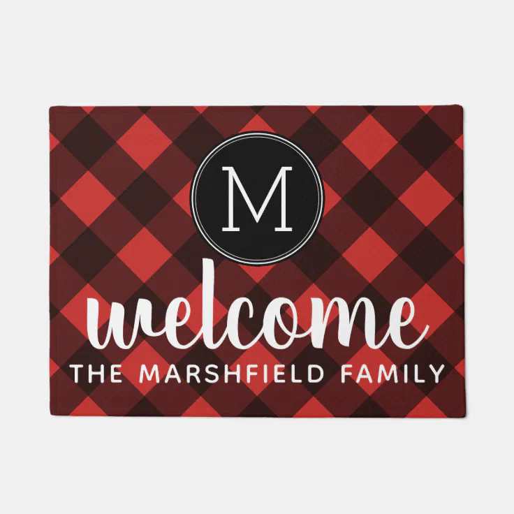 Rustic Red & Black Buffalo Plaid Family Welcome Doormat | Zazzle