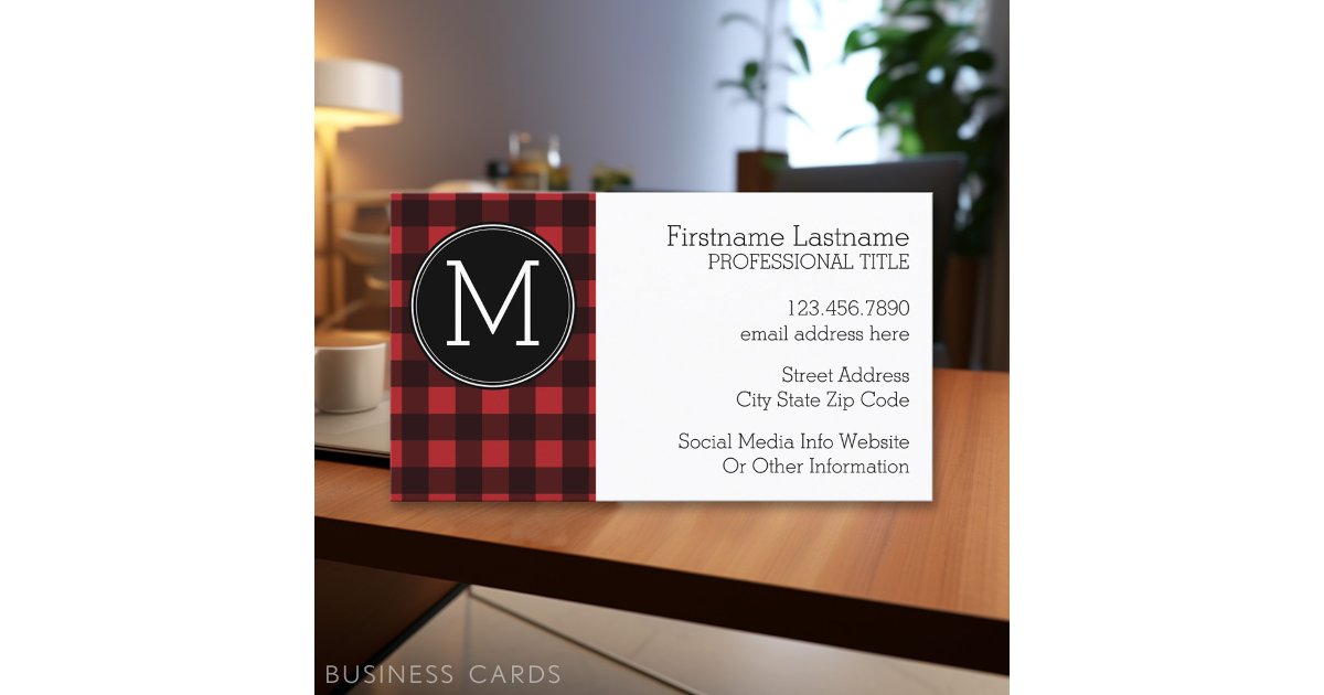 Rustic Red & Black Buffalo Plaid Pattern Monogram Business Card | Zazzle