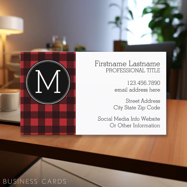 Rustic Red & Black Buffalo Plaid Pattern Monogram Business Card | Zazzle