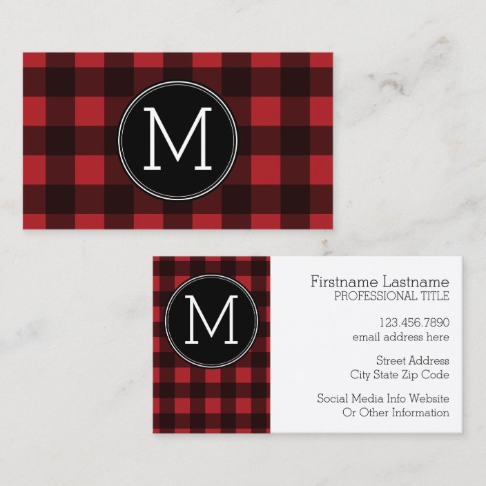 Rustic Red & Black Buffalo Plaid Pattern Monogram Business Card ...