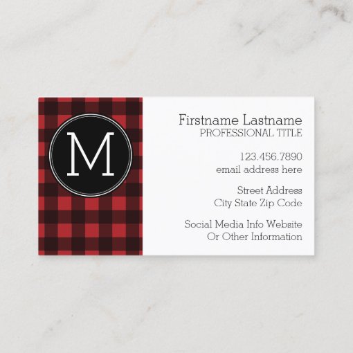 Rustic Red & Black Buffalo Plaid Pattern Monogram Business Card | Zazzle