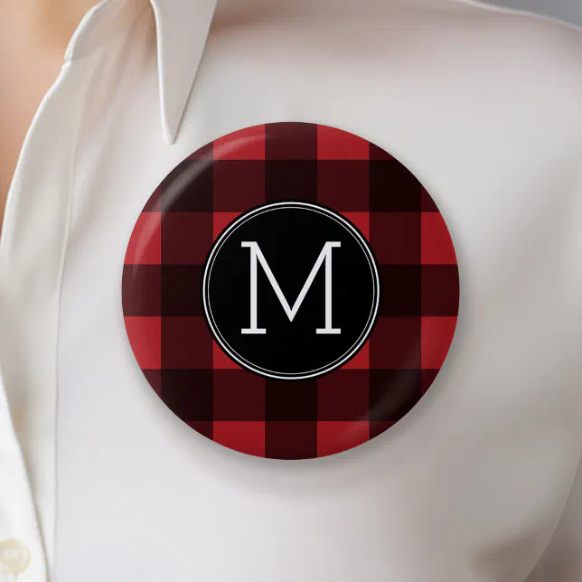 Rustic Red & Black Buffalo Plaid Pattern Monogram Button | Zazzle