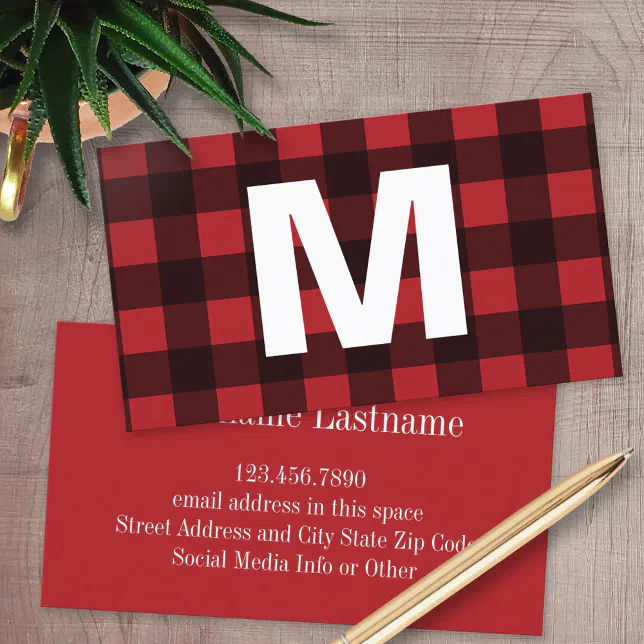 Rustic Red & Black Buffalo Plaid Pattern Monogram Calling Card | Zazzle