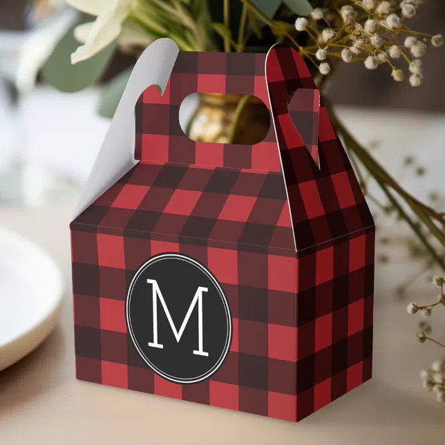 Rustic Red & Black Buffalo Plaid Pattern Monogram Favor Boxes | Zazzle
