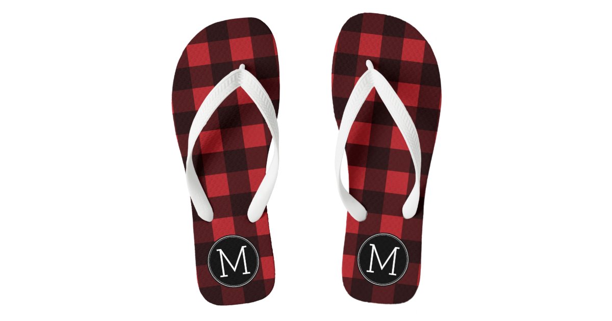 Rustic Red & Black Buffalo Plaid Pattern Monogram Flip Flops | Zazzle