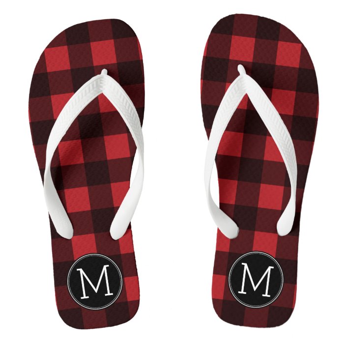 Rustic Red & Black Buffalo Plaid Pattern Monogram Flip Flops | Zazzle.com