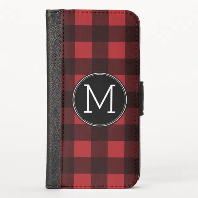 Rustic Red & Black Buffalo Plaid Pattern Monogram iPhone Wallet Case | Zazzle