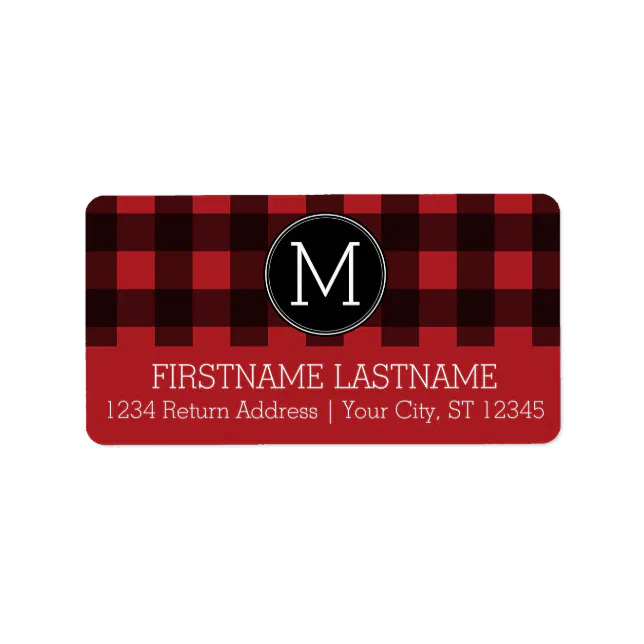 Rustic Red Black Buffalo Plaid Pattern Monogram Label | Zazzle