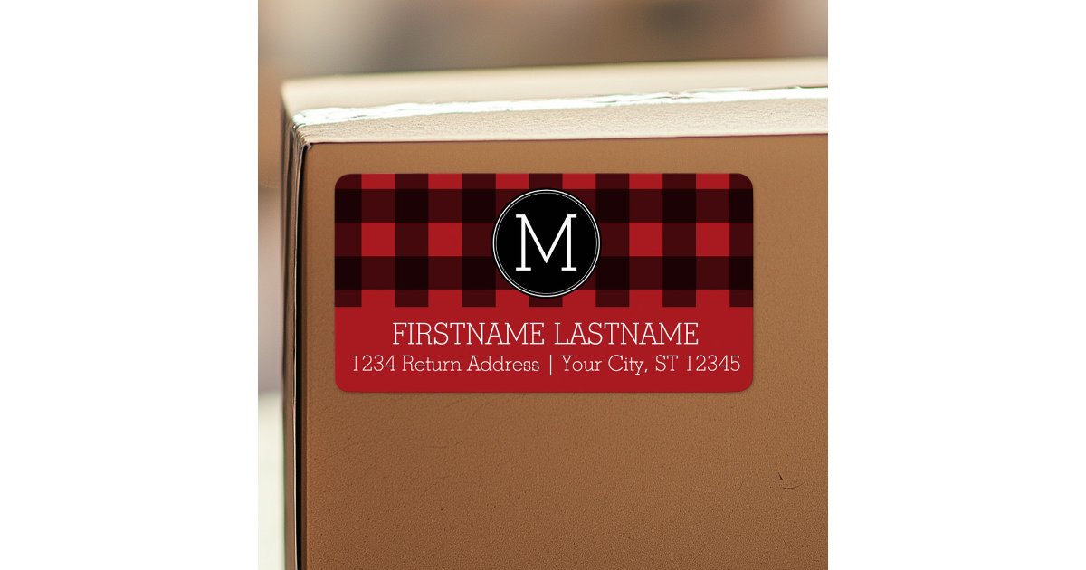 Rustic Red Black Buffalo Plaid Pattern Monogram Label | Zazzle