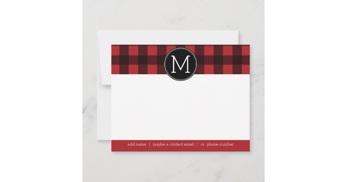 Rustic Red Black Buffalo Plaid Pattern Monogram Note Card | Zazzle