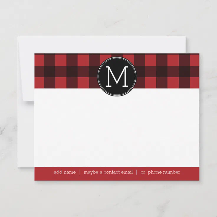 Rustic Red Black Buffalo Plaid Pattern Monogram Note Card | Zazzle