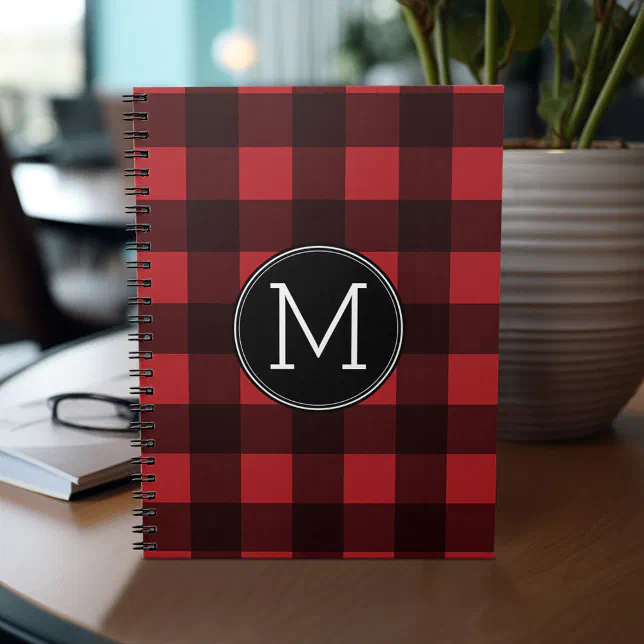 Rustic Red & Black Buffalo Plaid Pattern Monogram Notebook | Zazzle