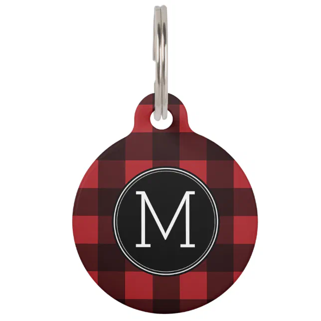 Rustic Red & Black Buffalo Plaid Pattern Monogram Pet Name Tag | Zazzle