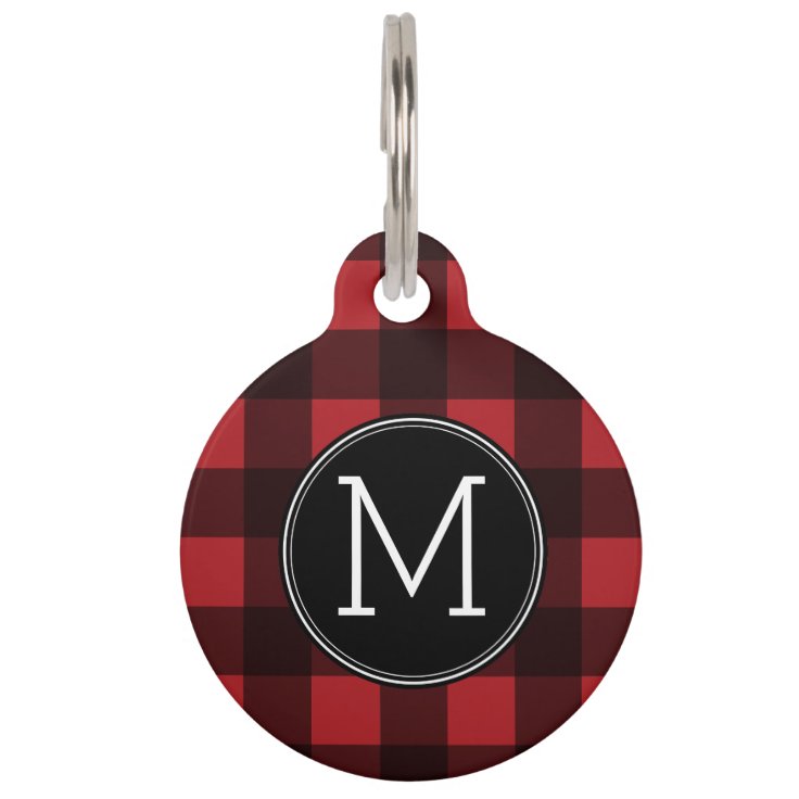 Rustic Red & Black Buffalo Plaid Pattern Monogram Pet Name Tag | Zazzle