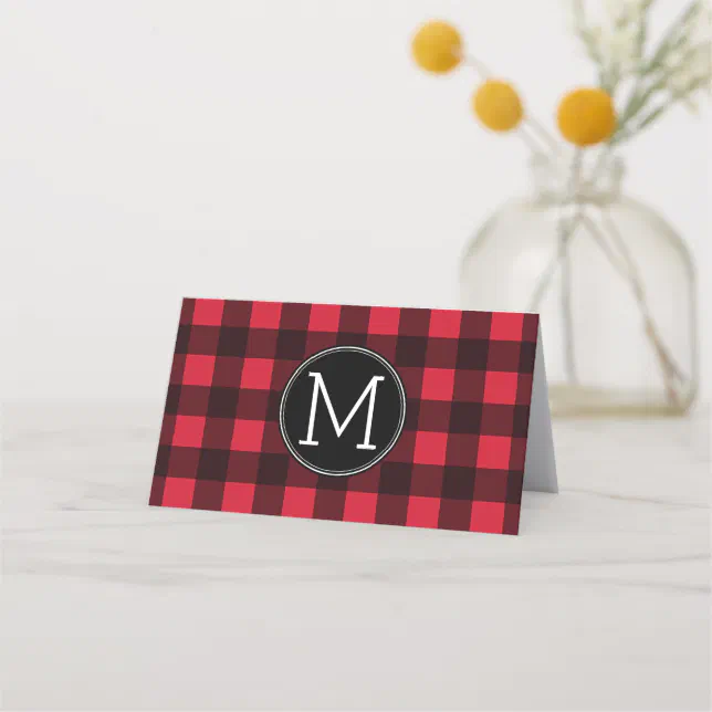 Rustic Red & Black Buffalo Plaid Pattern Monogram Place Card | Zazzle