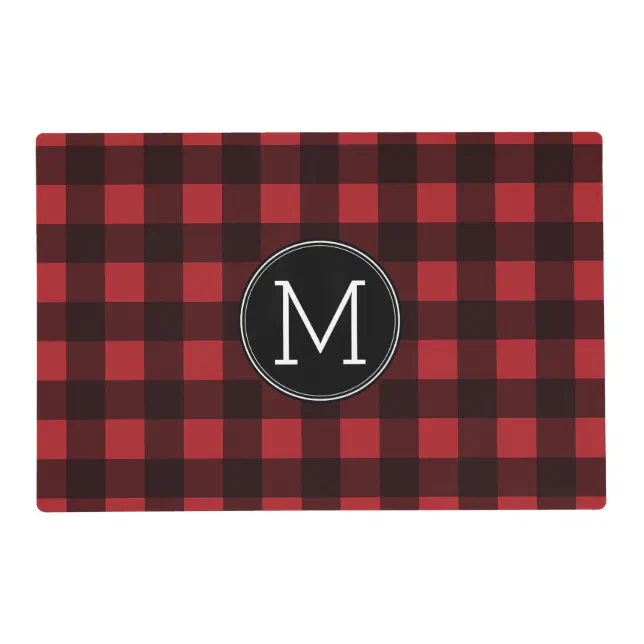 Rustic Red & Black Buffalo Plaid Pattern Monogram Placemat | Zazzle