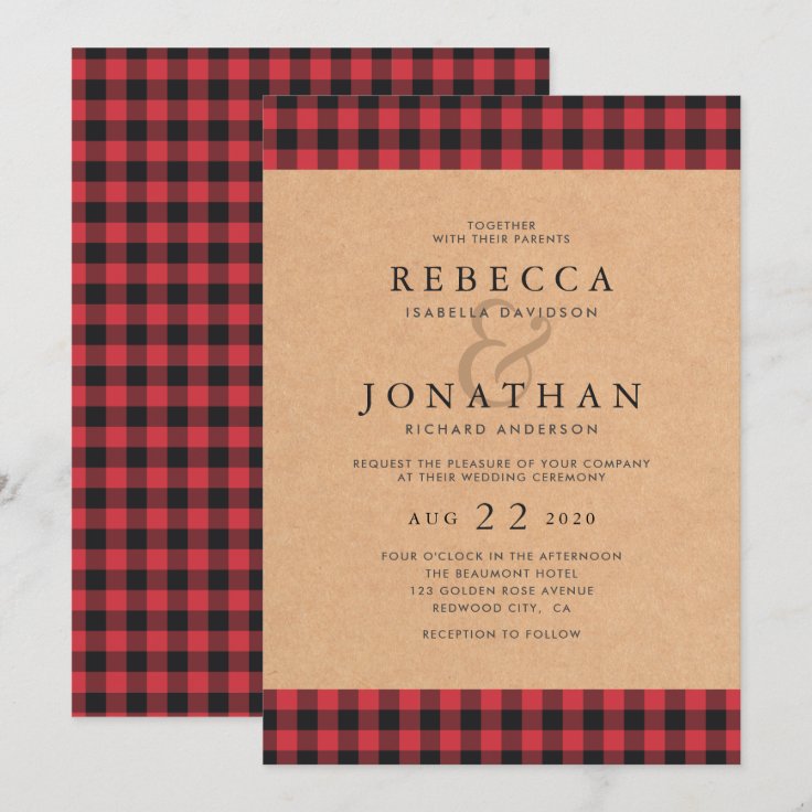 Rustic Red & Black Tartan Plaid Country Wedding Invitation | Zazzle